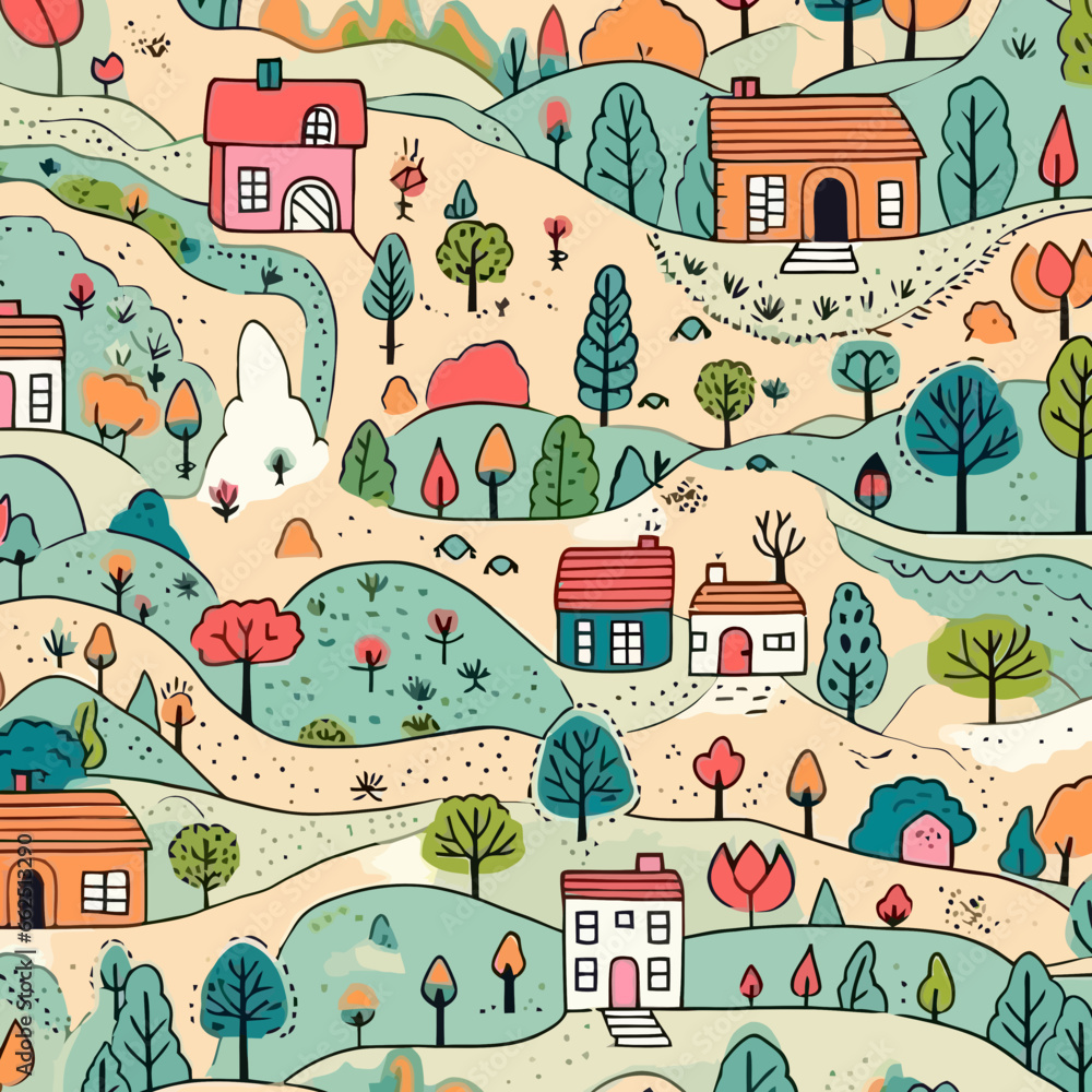 Small towns and rural scenes quirky doodle pattern, background, cartoon ...