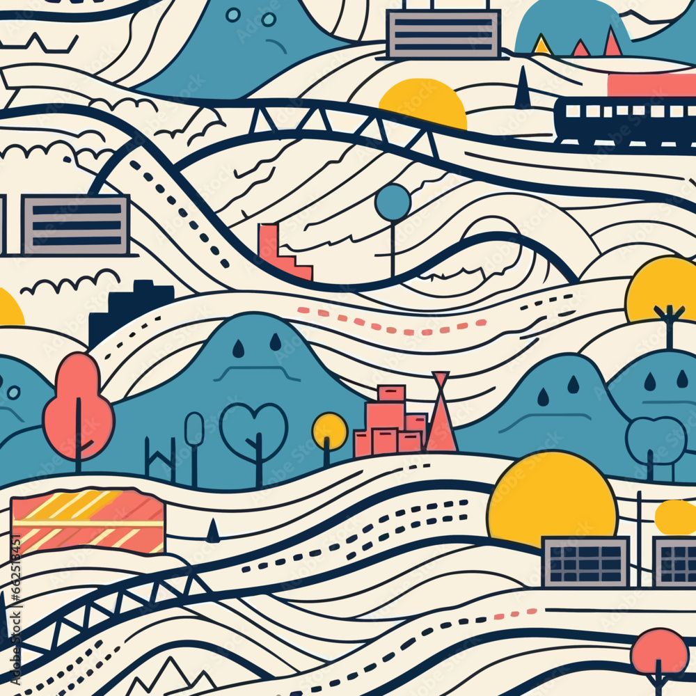 Railroad tracks and trains quirky doodle pattern, background, cartoon ...