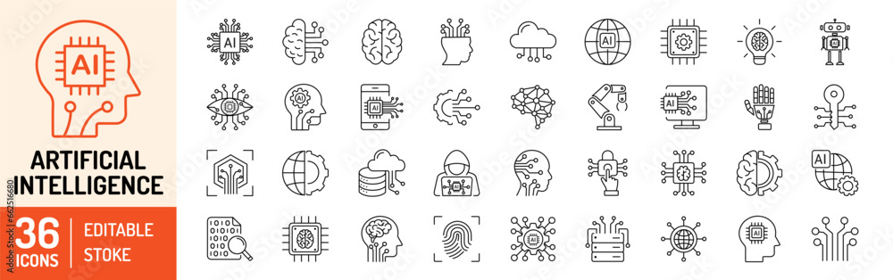 Artificial Intelligence editable stroke outline Icons set. Idea ...