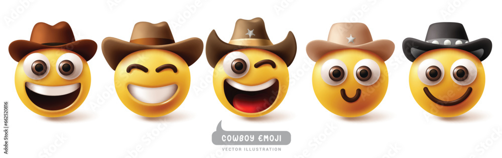 Emojis cowboy emoticon characters vector set. Emoji emoticon facial ...
