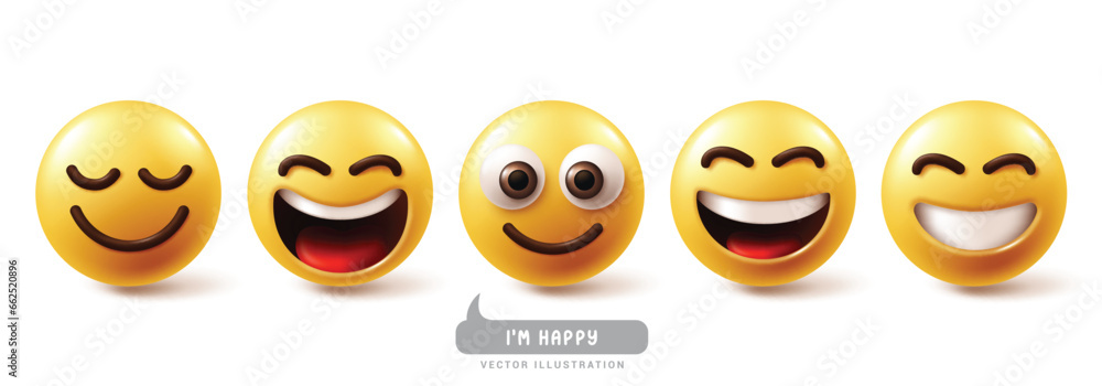 Emoji happy emoticon characters vector set. Emojis emoticons in enjoy ...