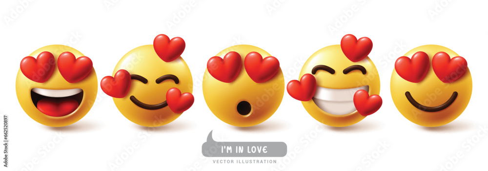 Emoji in love emoticon characters vector set. Emojis emoticons ...