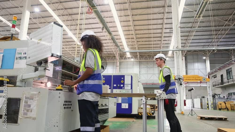 Male and female technicians stand operate corrugated cardboard die ...