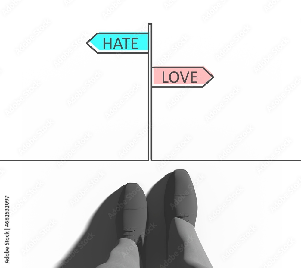 Top view feet of businessman in black shoes. Road signs with Love and ...