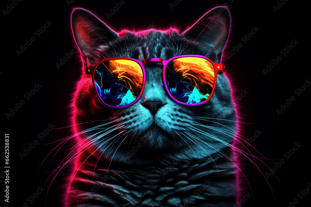cute cat wearing glasses combination of neon lights on black background ...