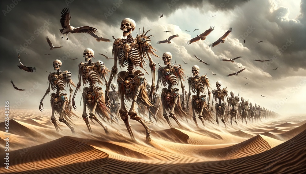 Epic Halloween scene of skeletons marching through desert dunes ...