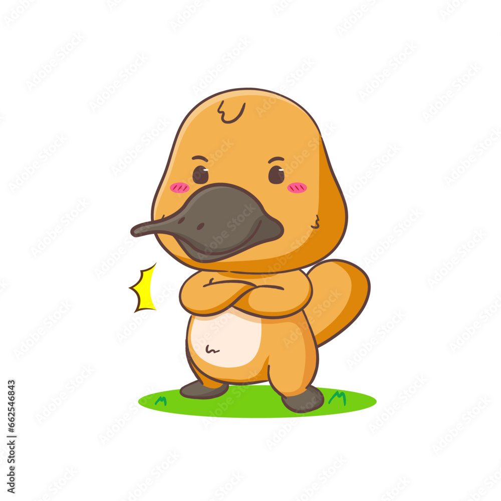 Cute Platypus crossed arms cartoon character. Kawaii Adorable animal concept design. Isolated ...