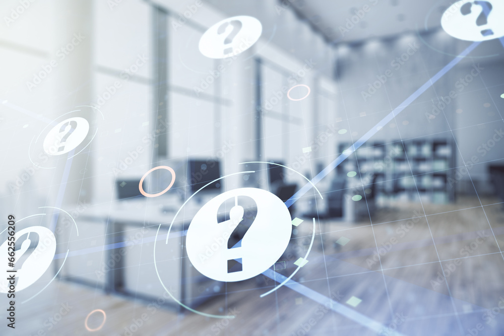 Abstract virtual question mark hologram on a modern furnished classroom ...