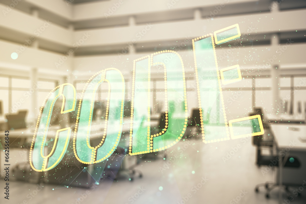 Code word hologram on modern corporate office background, artificial ...