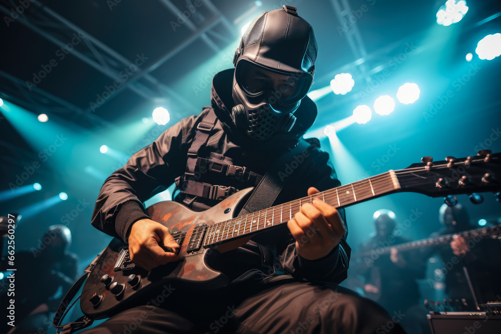 Vocalist of a popular rock band wearing a face mask on stage at a ...