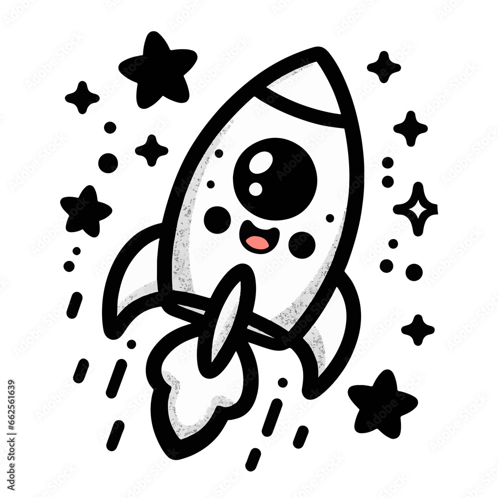 Vector of a cartoonish rocket with bold outlines, joyfully blasting off ...