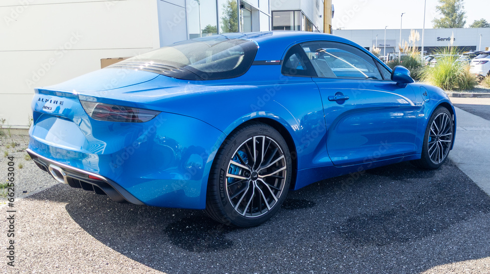 Alpine A110 new sports modern blue car dealership by Renault in France ...