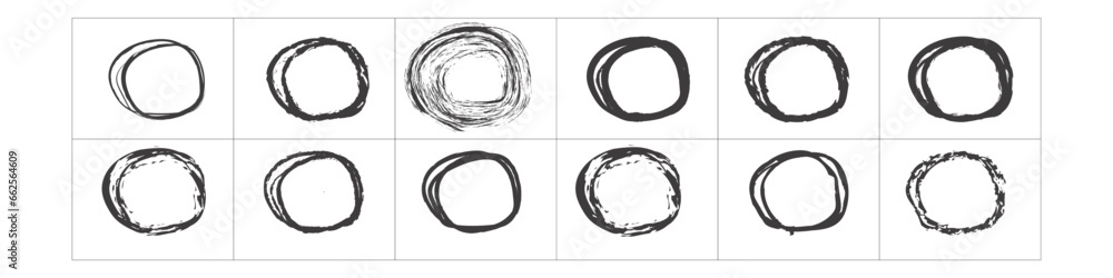 Collection charcoal strikethrough lines and thin ovals. Set of ...