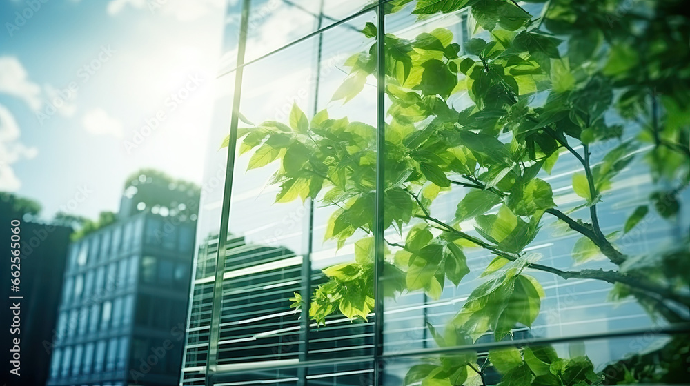 Modern office building with green leaves. Bottom view of modern office ...