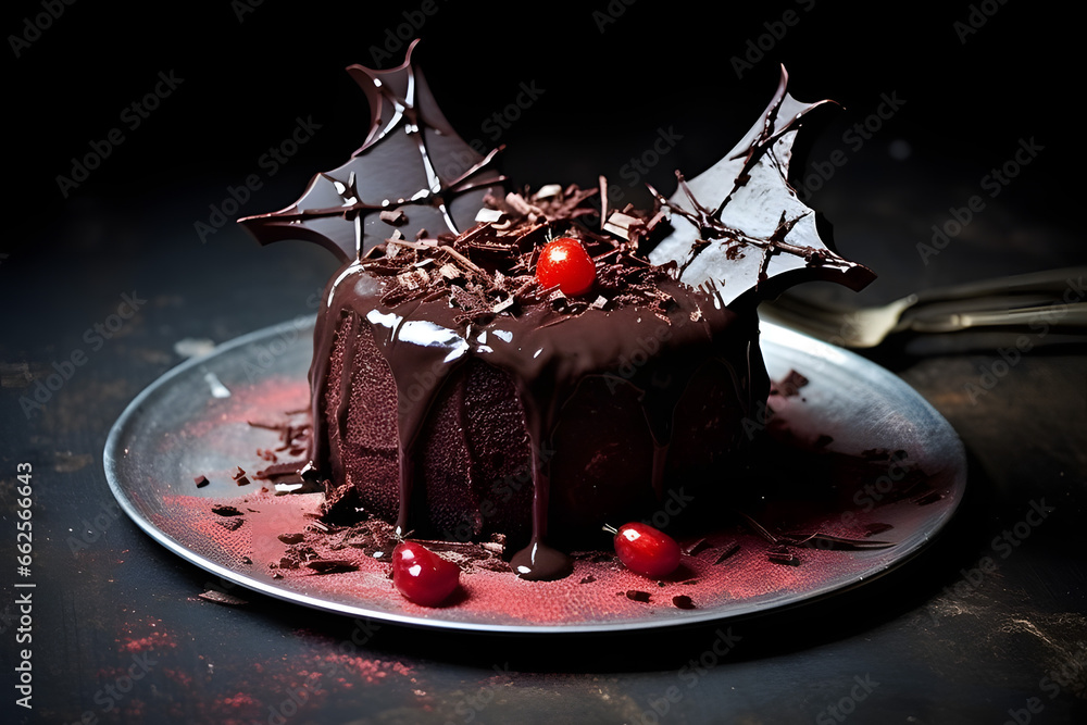 A bat-shaped chocolate mousse cake with raspberry "blood" drizzle and ...