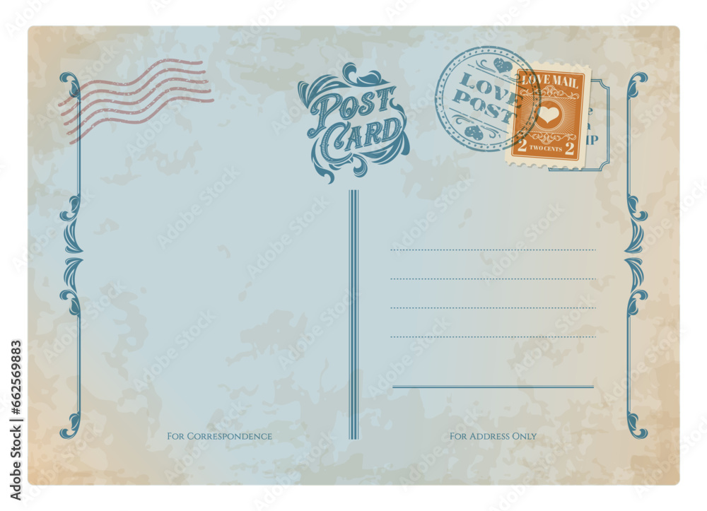 Valentine day antique postcard, retro postage stamp and vintage mail ...