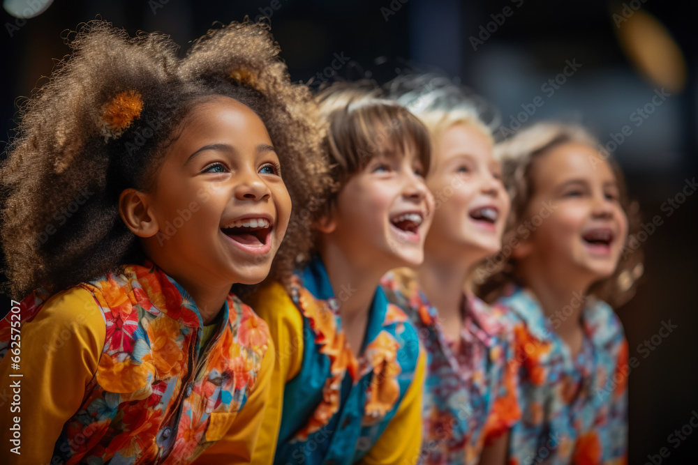 Children of diverse backgrounds uniting on stage to promote inclusivity ...