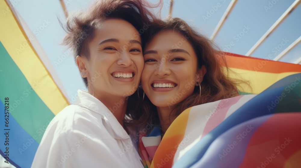 Lgbt Asian Lesbian Young Couple Smiling Holding Pride Flag Happiness