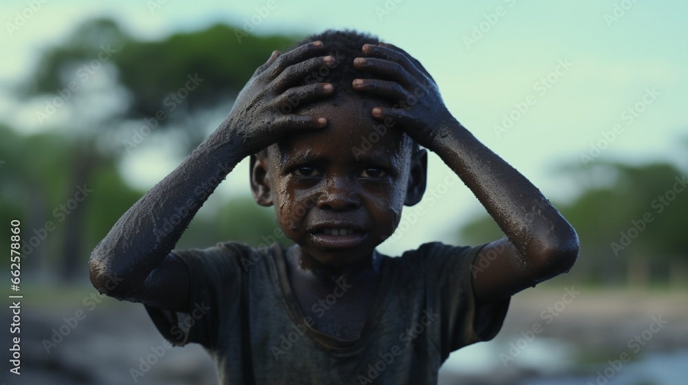 Little black boy asking begging for clean water. Its scarcity affects ...