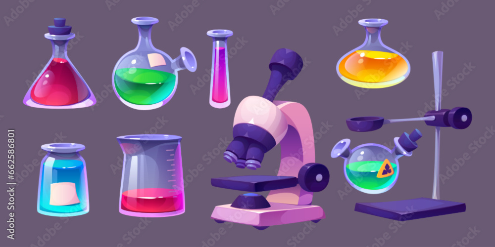 Chemical lab microscope and flasks set isolated on background. Vector ...