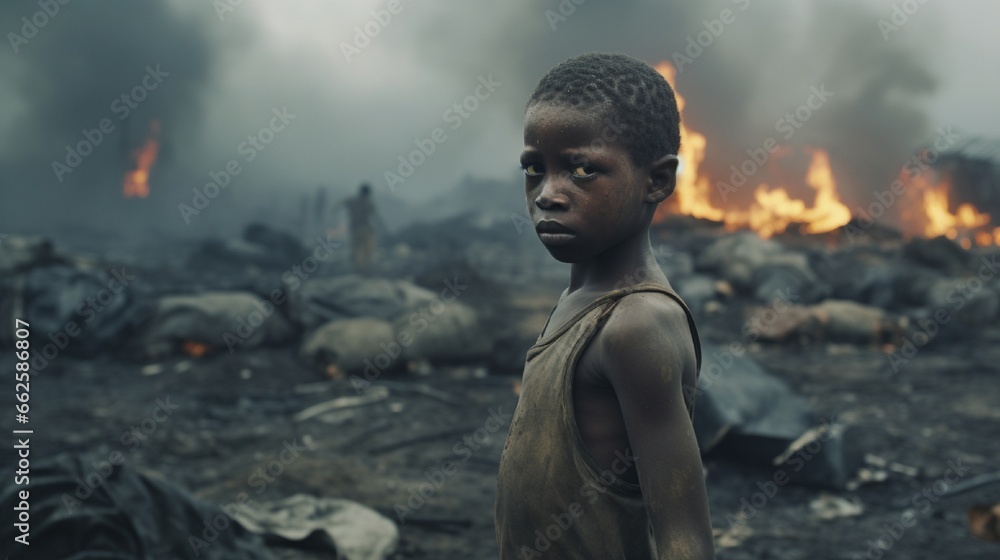 Neglected, malnourished African boy standing desolate in the midst of a ...