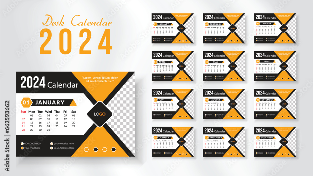Desk Calendar design 2024.Monthly pages Calendar Planner Templates with ...