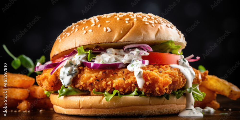 Delicious fish burger with a golden, crispy panko - breaded fish fillet ...