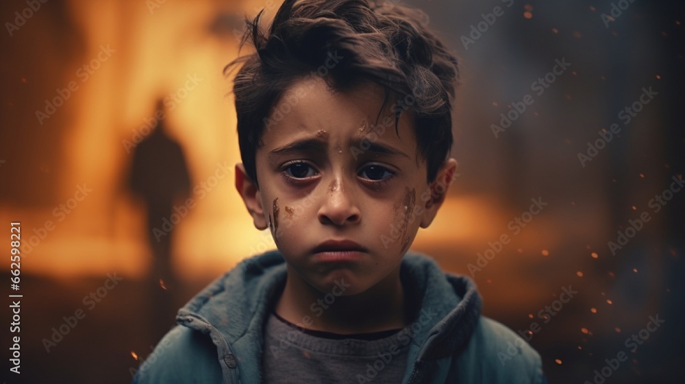 Sad little boy crying. Conceptual art collage in minimalistic style ...