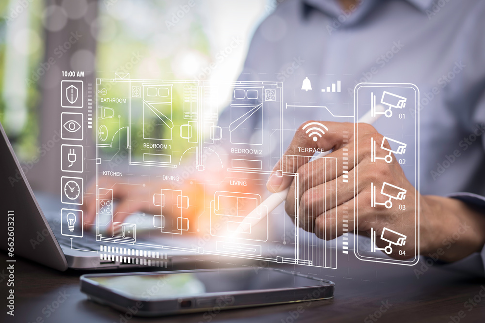 Hand using AI smart tablet with smart home app on the room, circular ...