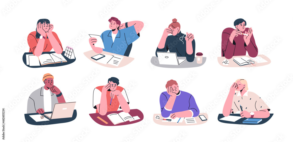 Tired sad people set. Exhausted office workers sitting at desks ...