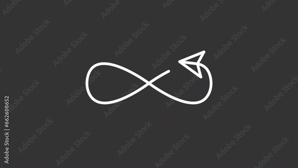 2D white simple thin line animation of loading infinity icon with arrow ...