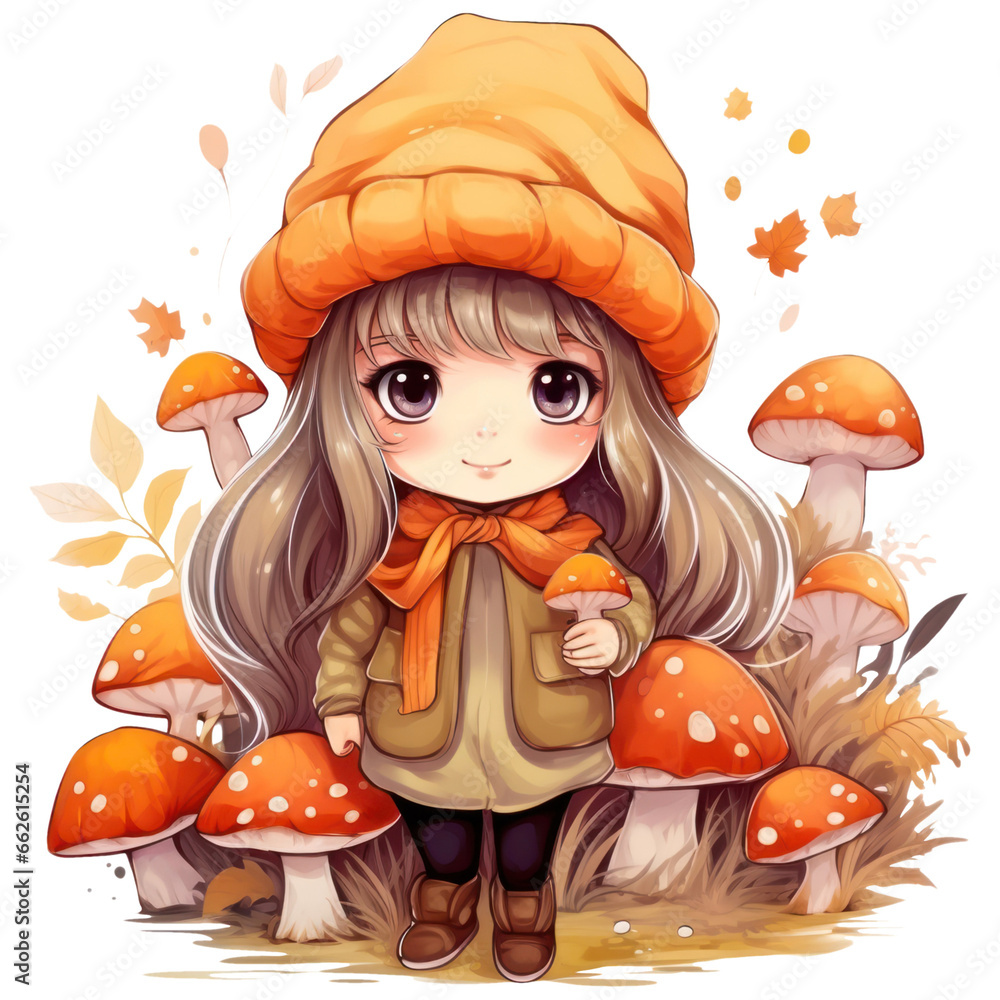 Cute Chibi girl with mushrooms and fall leaves, autumn girl ...