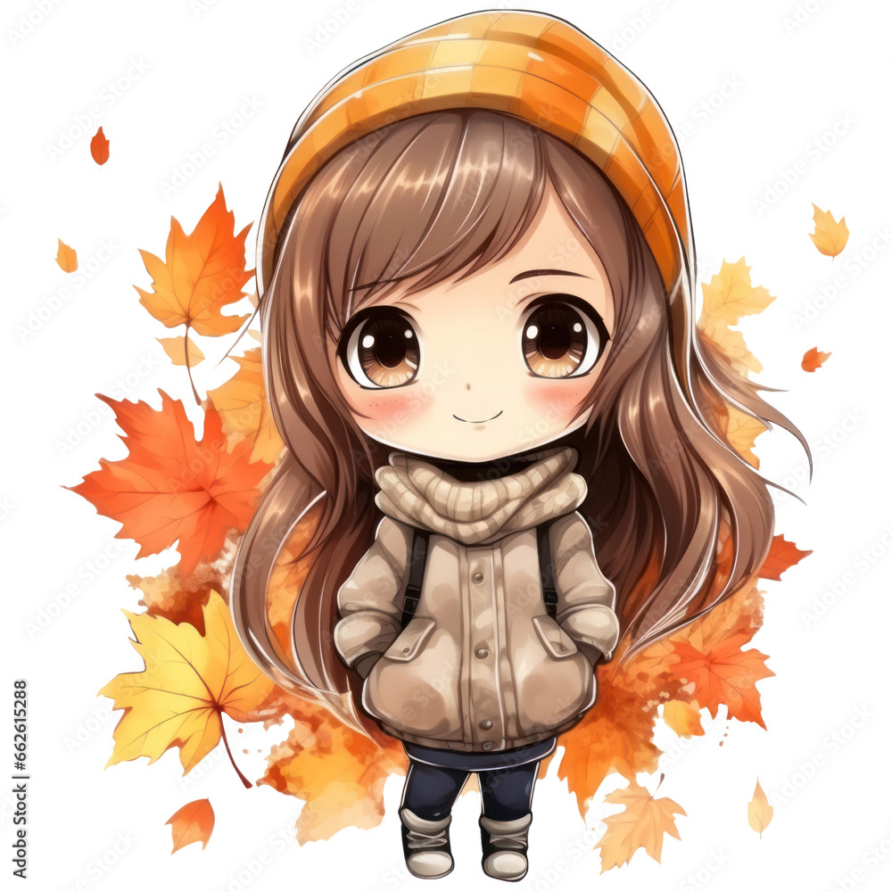 Cute Chibi girl with fall leaves, autumn girl illustration isolated ...