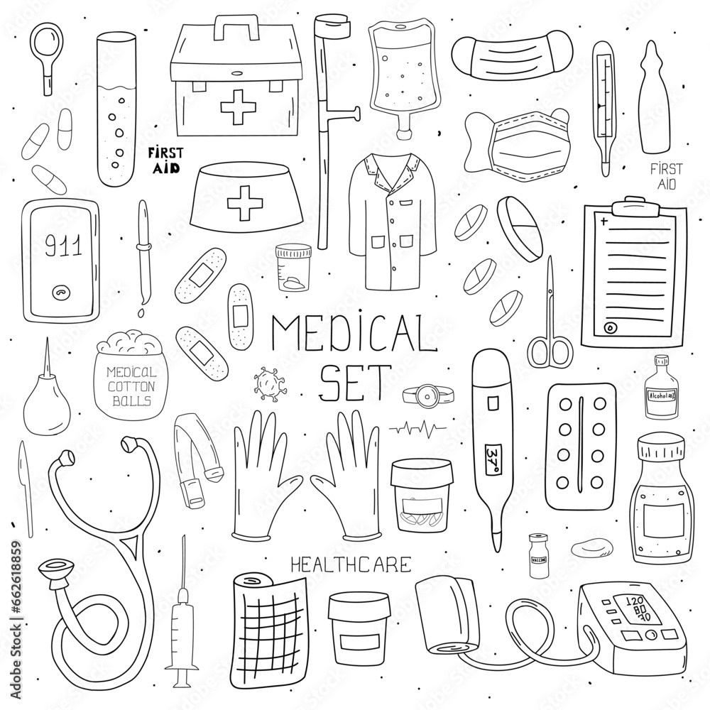 Hand drawn Healthcare and medicine vector doodles illustration ...