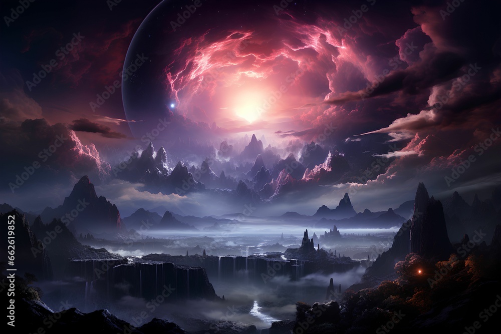 AI generated illustration of A landscape of a red sun rising over the ...