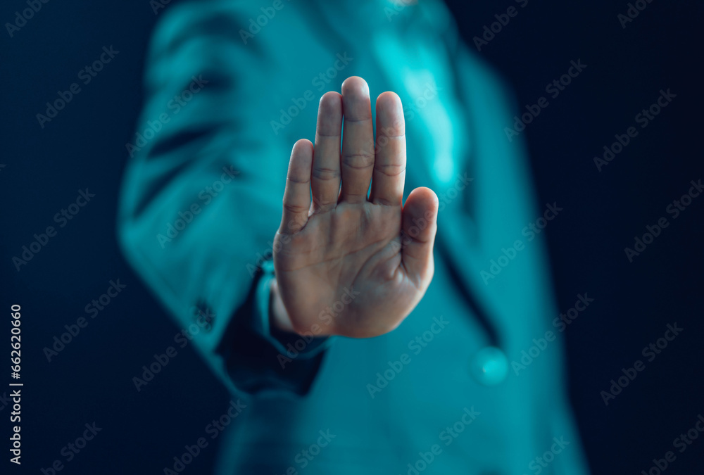 Man showing hand palm gestures stop, concept violence, refuse, defense ...