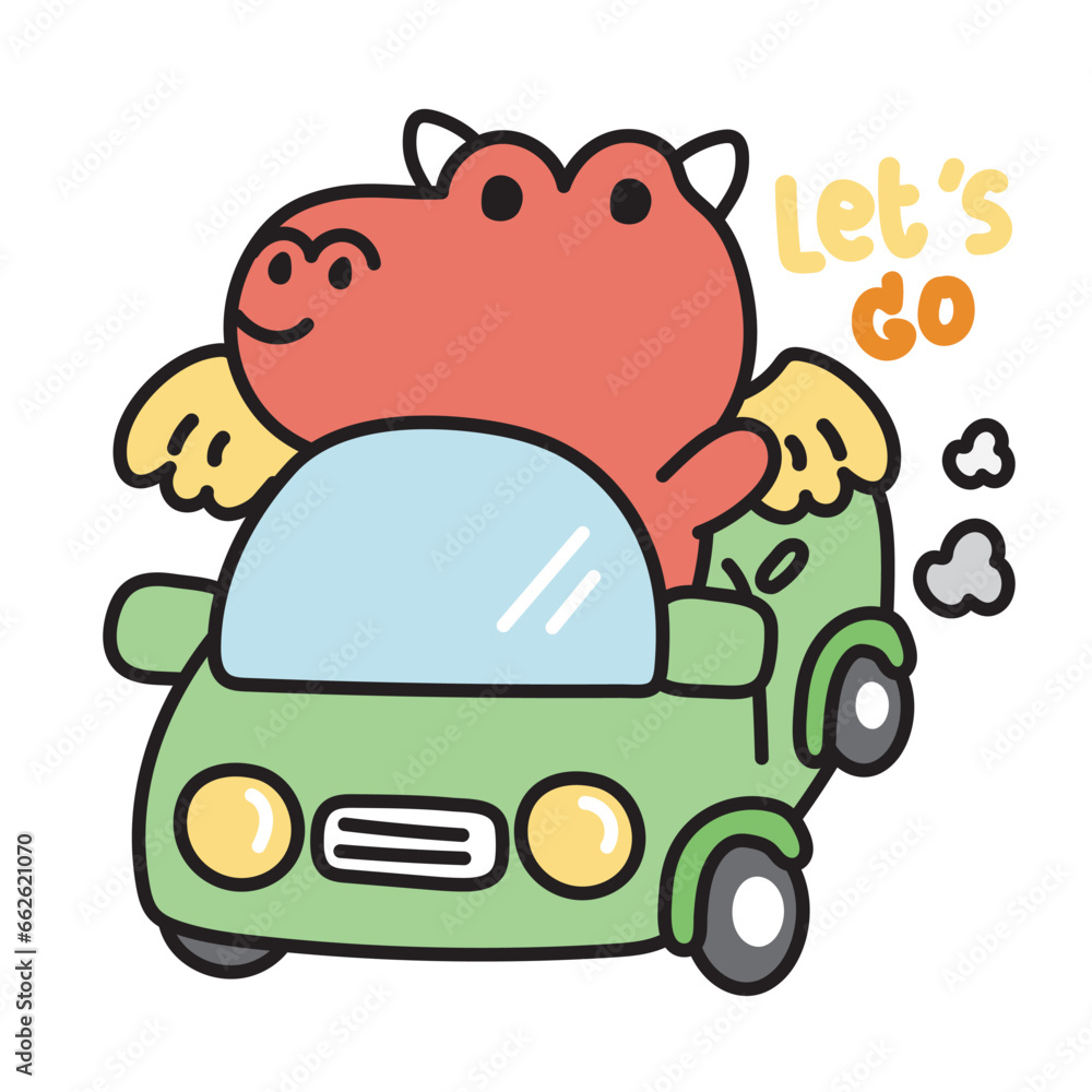 Cute dragon drive a car.Jurassic animal cartoon hand drawn.Chinese ...