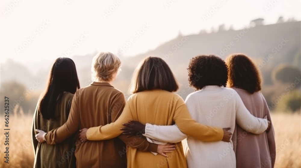 Back view of group of diverse people hugging each other. Stock Photo ...