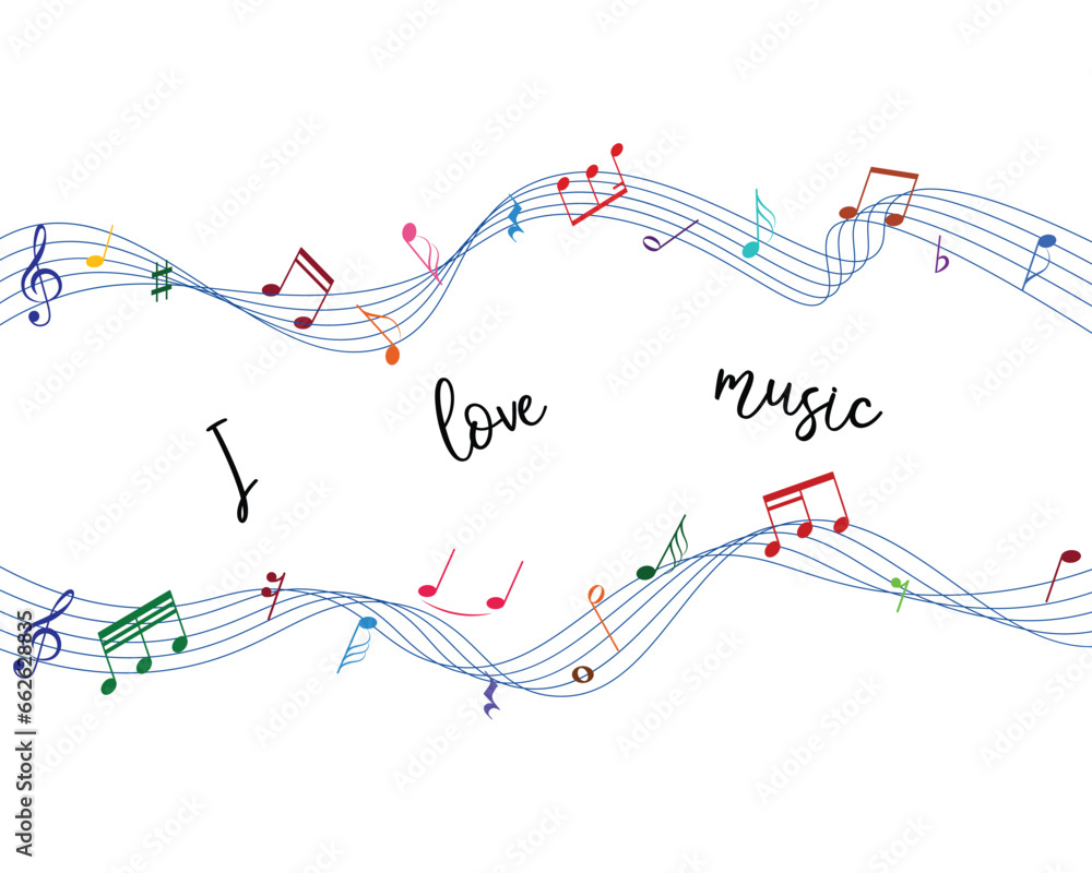 Music notes wave color vector isolated on white background. I love ...