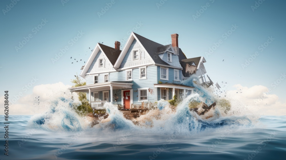 the housing crisis with a sinking house submerged in water against a ...