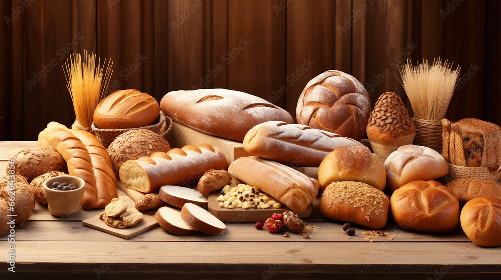 Different types of bread rolls and pastries food concept banner ...