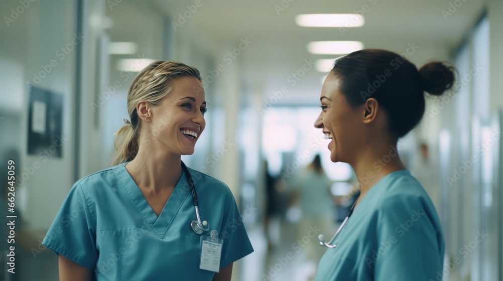 Two women in scrubs having a conversation in a hospital setting Stock ...