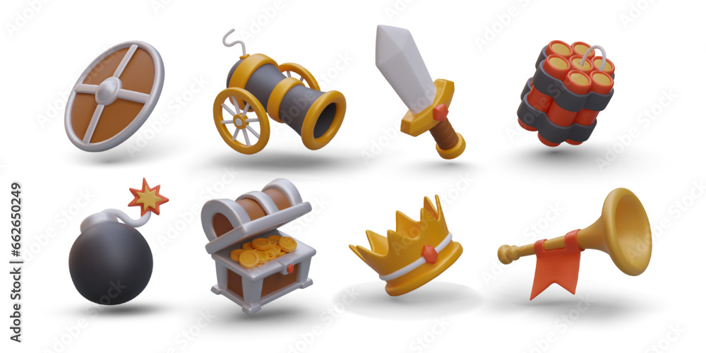 Collection of isolated gaming images. Vector colored icons. 3D round ...