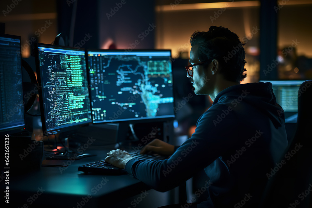 Foto de A software developer sits at a workstation, relieved after ...