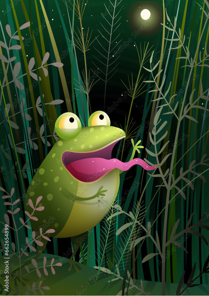 Cute frog or toad singing in swamp at night. Frog quack in nature ...