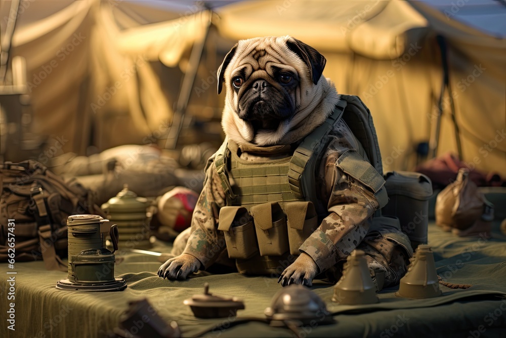Healthy Dog pug breed purebred wearing military uniform. Generative AI ...