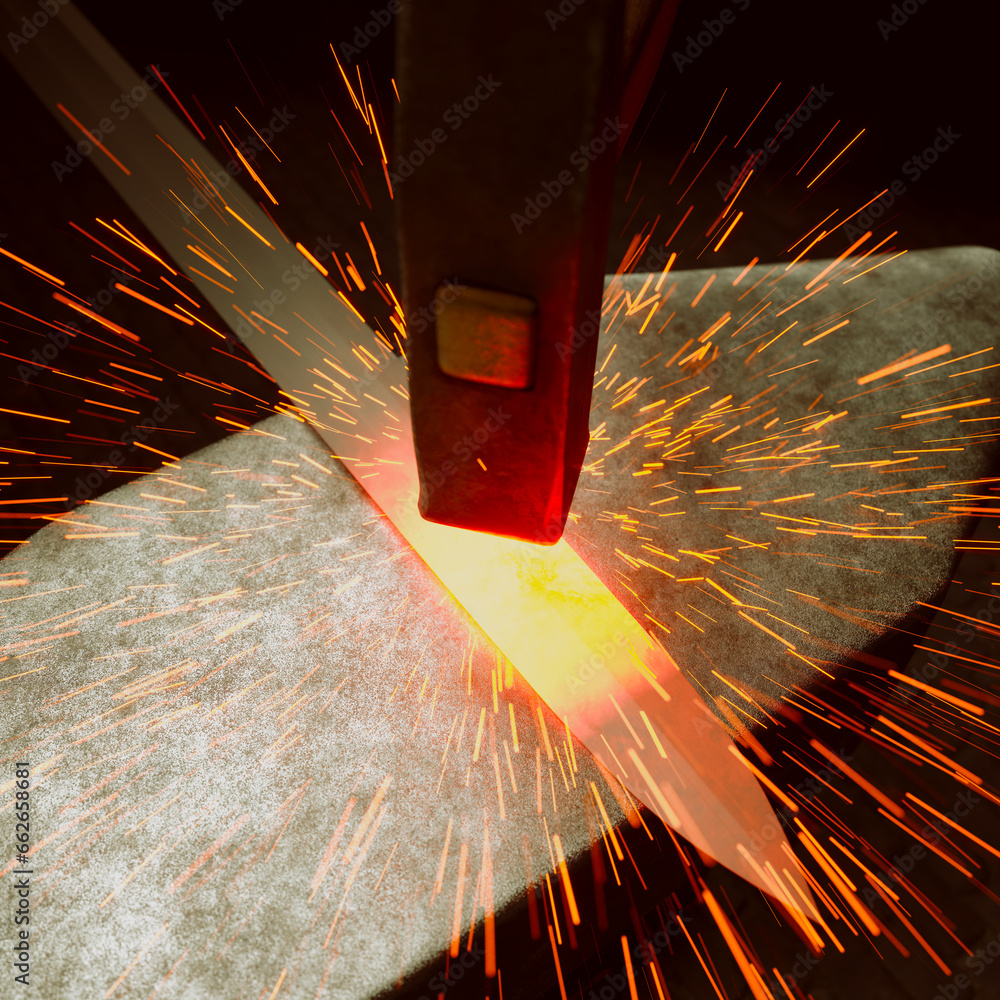 Traditional forge with an anvil. Farrier with hammer is hitting glowing ...