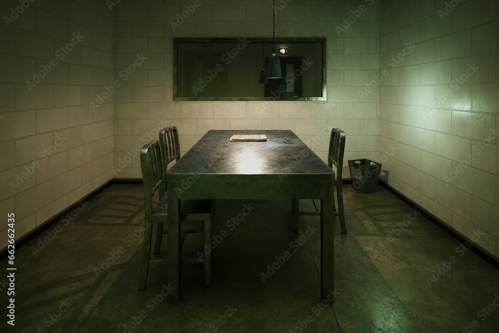 Dark, empty interrogation room seen through the one-way mirror ...