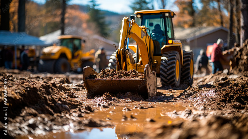 retroexcavadora excavando tierra y haciendo cimientos en una obra ...