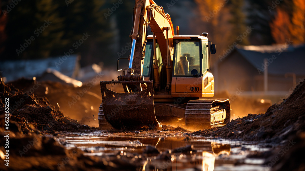 retroexcavadora excavando tierra y haciendo cimientos en una obra ...